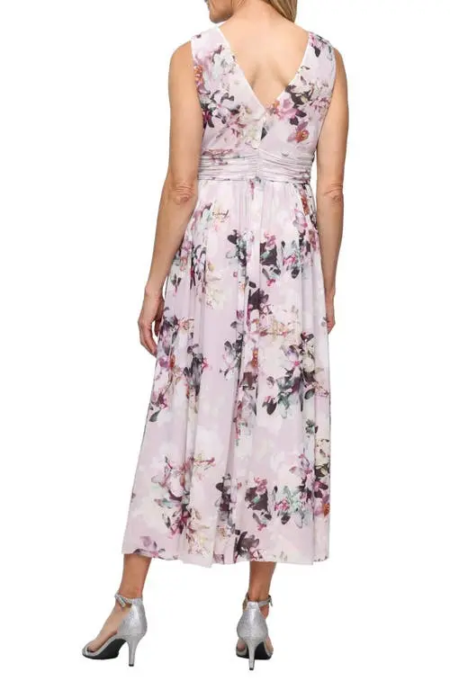 SL FASHIONS Print Drape Sleeveless Mesh Gown