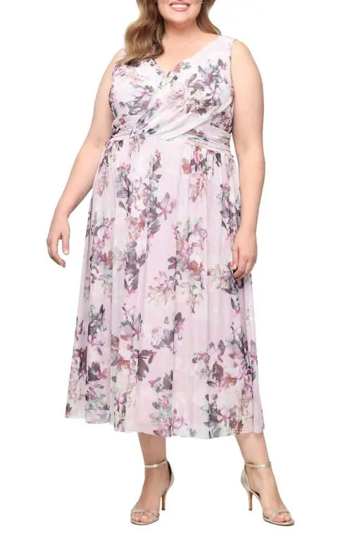 SL FASHIONS Floral Print Sleeveless Mesh Gown