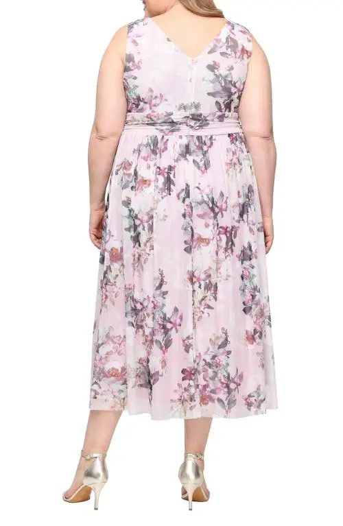 SL FASHIONS Floral Print Sleeveless Mesh Gown