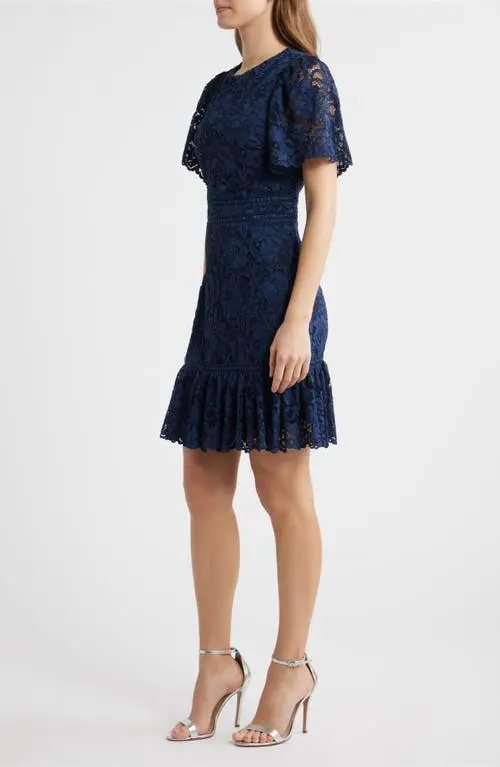 Sam Edelman Lace Embroidered Flounce Hem Dress - Navy