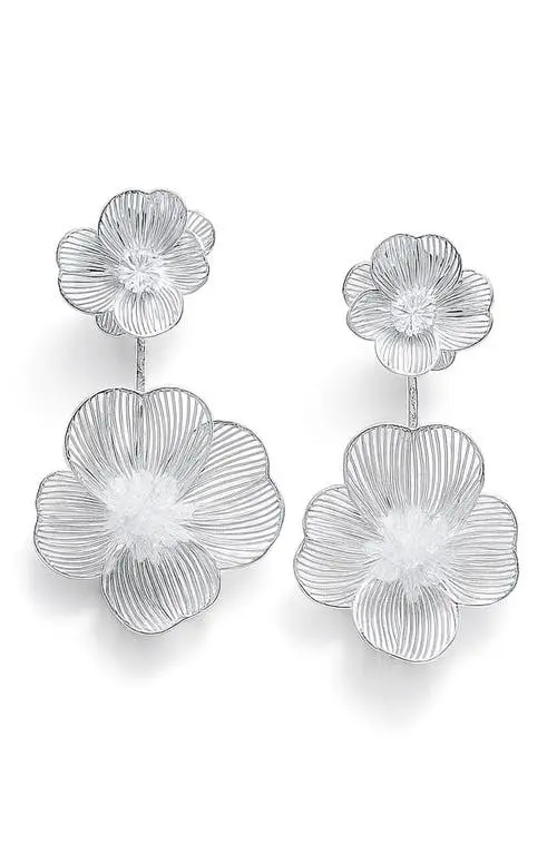LA MENO Petal Blossom Statement Drop Earrings - Silver