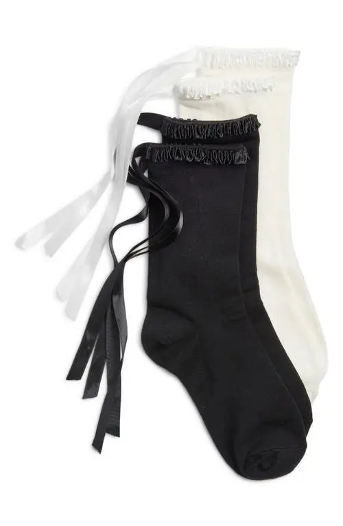 HIGH HEEL JUNGLE Lara Satin Ribbon Trim Crew Socks - Black White