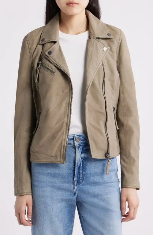 Mauritius Misty Star Back Detail Leather Moto Jacket - Sage
