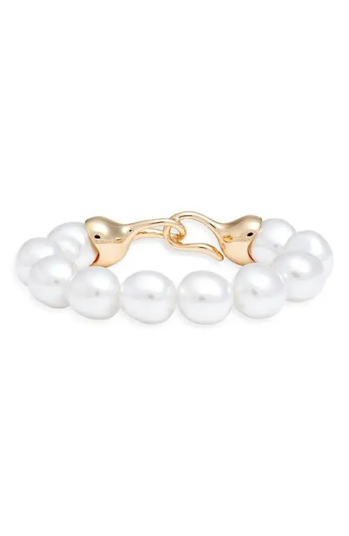OPEN EDIT Faux Pearl Stretch Bracelet - White- Gold