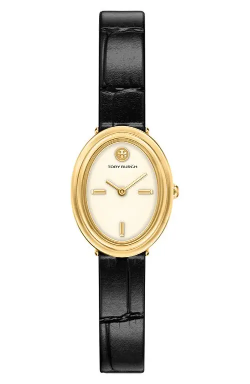 Tory Burch Oval Leather Strap Watch - Black/gold