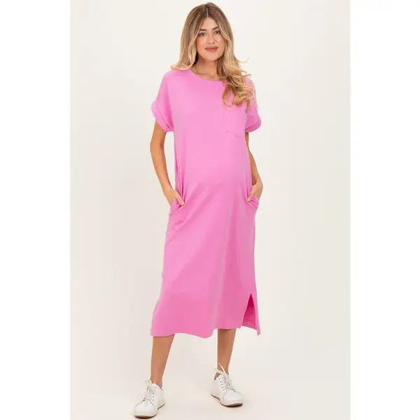 PINKBLUSH Pocket Front Midi T-shirt Dress - Pink