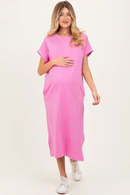 PINKBLUSH Maternity Midi T-shirt Dress With Pockets - Pink