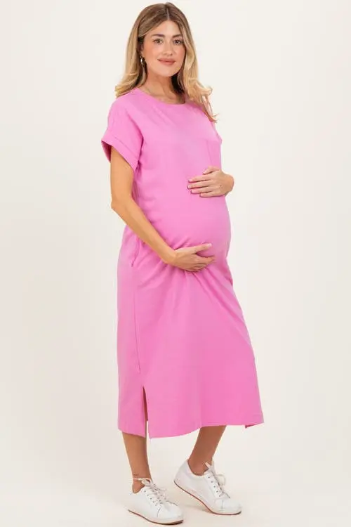 PINKBLUSH Maternity Midi T-shirt Dress With Pockets - Pink