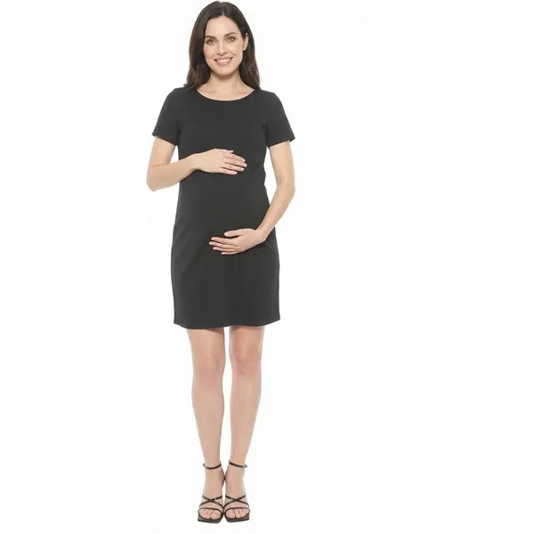 24SEVEN COMFORT APPAREL Maternity Short Sleeve Mini Shift Dress - Black