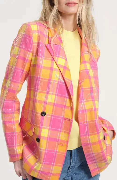 ISAAC MIZRAHI NEW YORK Sequin Plaid Double Breasted Blazer - Pink Multi