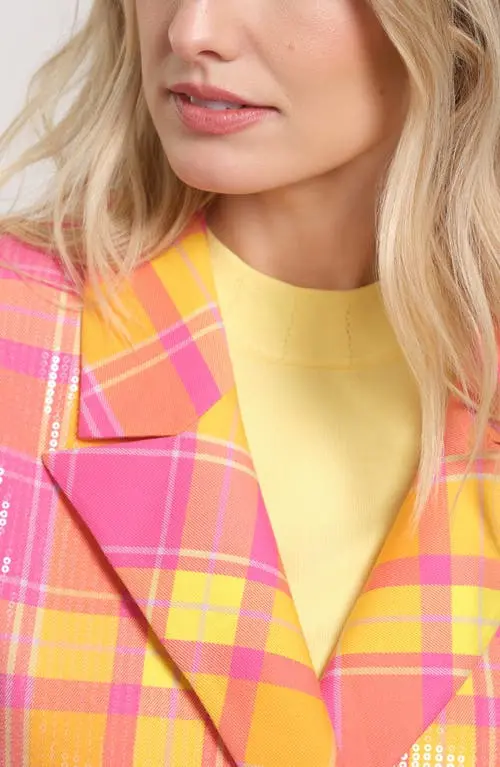 ISAAC MIZRAHI NEW YORK Sequin Plaid Double Breasted Blazer