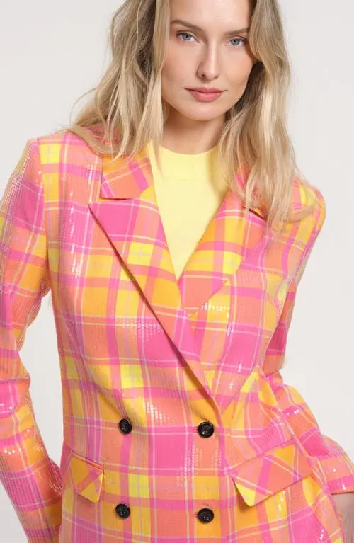 ISAAC MIZRAHI NEW YORK Sequin Plaid Double Breasted Blazer
