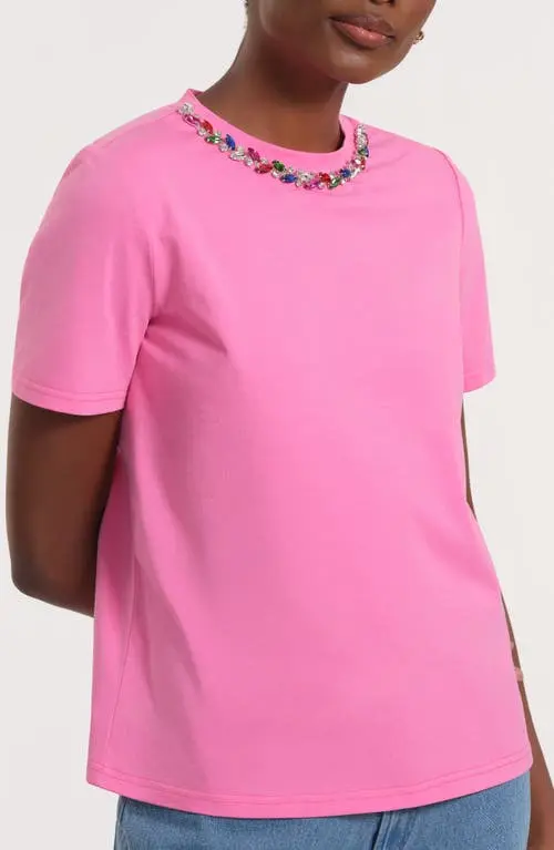 ISAAC MIZRAHI NEW YORK Necklace Embellished Stretch Cotton T-shirt - Light Pink