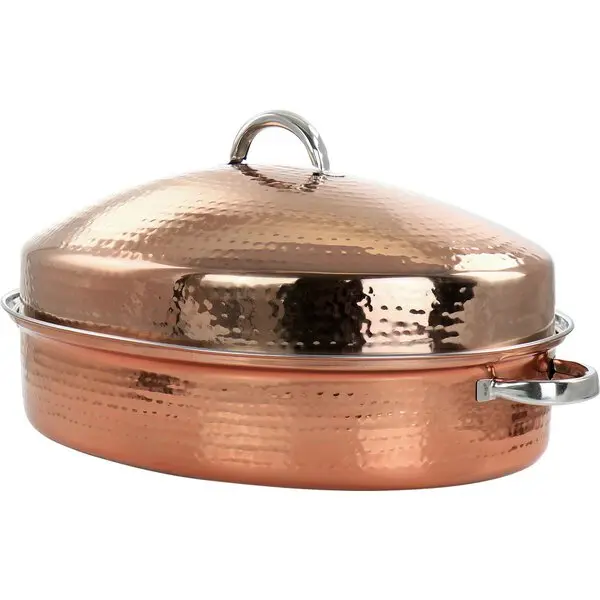 GIBSON HOME Radiance 17.5 Inch Stainless Steel Copper Plated Oval Roaster With Lid And Roasting Rack - Red