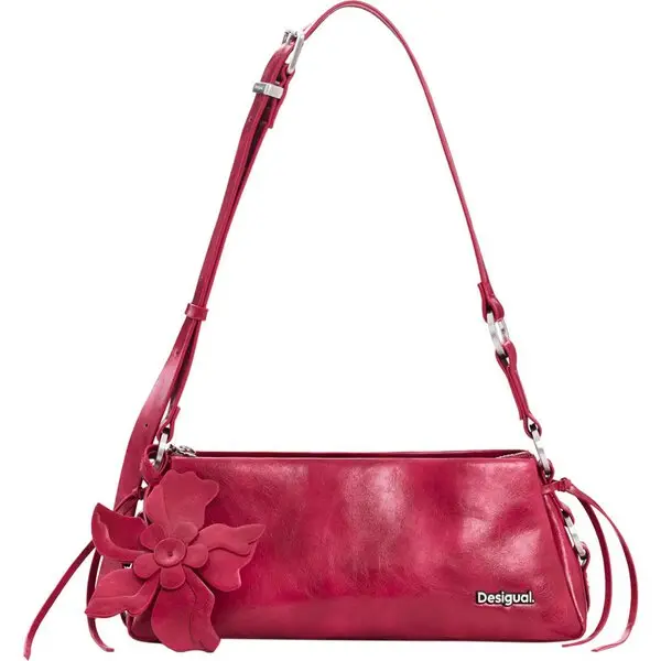 Desigual Faux Leather Crossbody Bag With Floral Charm - Red
