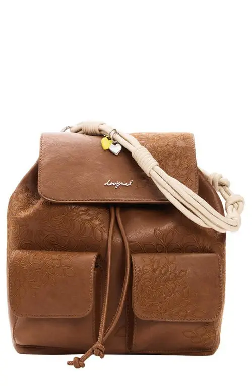 Desigual Floral Embroidered Convertible Backpack - Camel