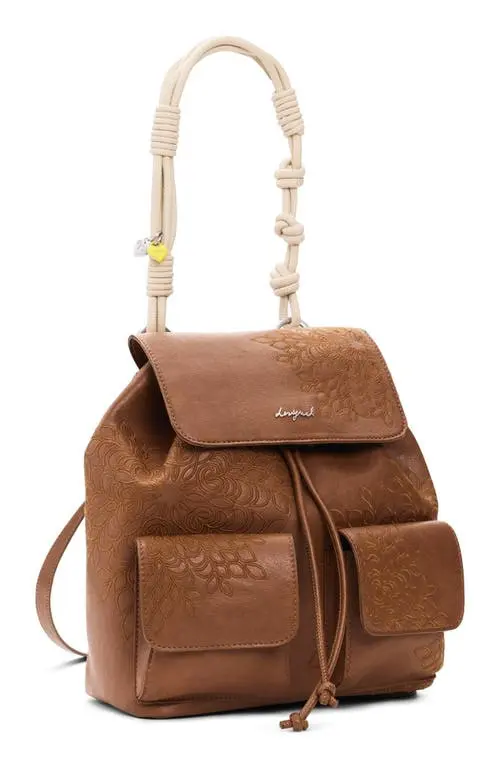 Desigual Floral Embroidered Convertible Backpack - Camel