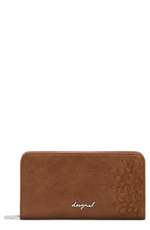 Desigual Medium Embroidered Long Faux Leather Wallet - Camel
