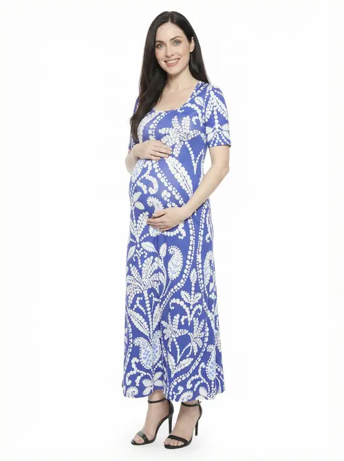 24SEVEN COMFORT APPAREL Maternity Floral Scoop Neck Elbow Sleeve A-line Maxi Dress - Blue Multi