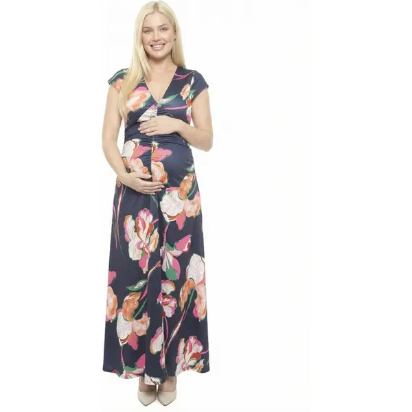 24SEVEN COMFORT APPAREL Maternity Floral V-neck Maxi Dress - Navy Multi