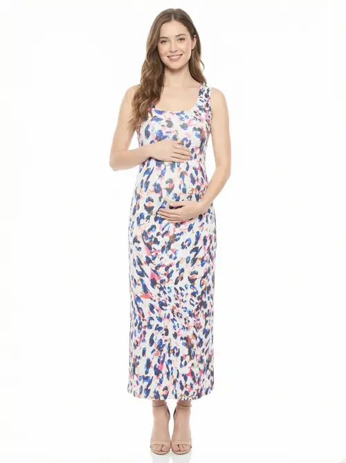 24SEVEN COMFORT APPAREL Maternity Sleeveless Maxi Dress - White Multi
