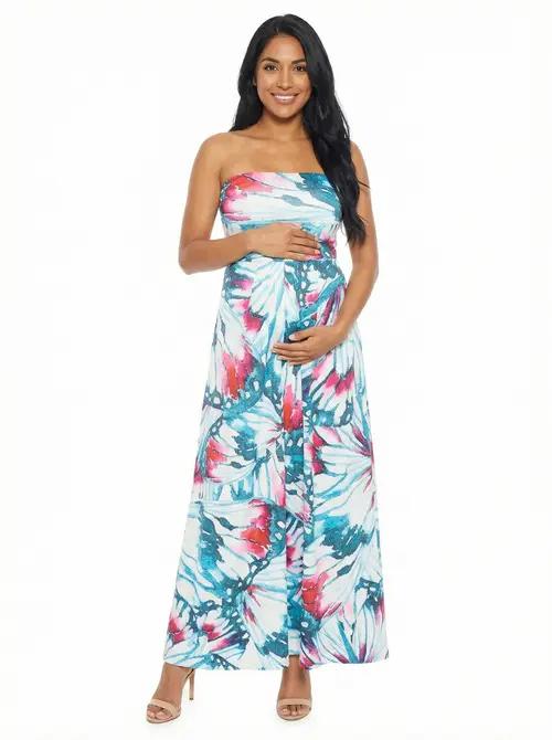 24SEVEN COMFORT APPAREL Maternity Butterfly Print A-line Strapless Maxi Dress With Pockets - Blue Multi