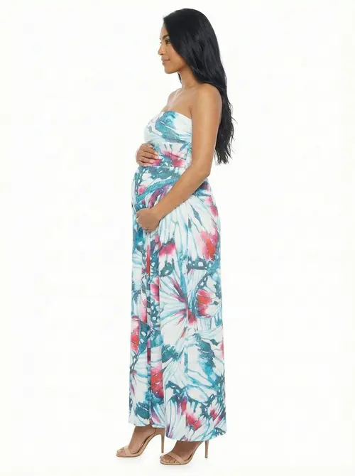 24SEVEN COMFORT APPAREL Maternity Butterfly Print A-line Strapless Maxi Dress With Pockets - Blue Multi