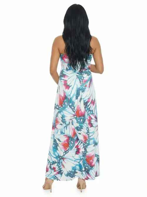 24SEVEN COMFORT APPAREL Maternity Butterfly Print A-line Strapless Maxi Dress With Pockets - Blue Multi