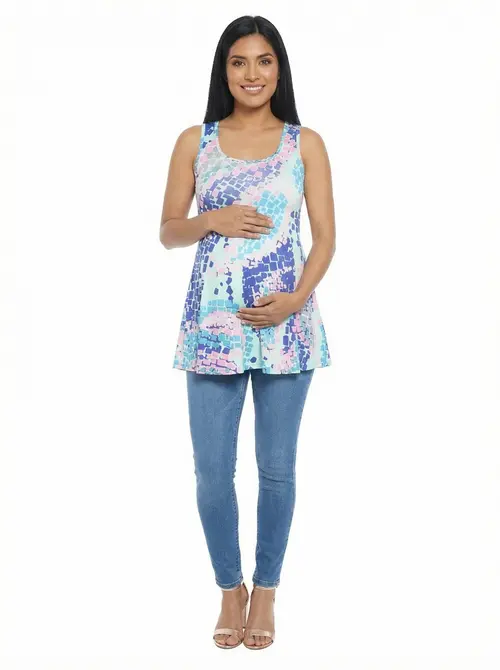 24SEVEN COMFORT APPAREL Maternity Abstract Scoop Neck Tunic Tank Top - Blue Multi