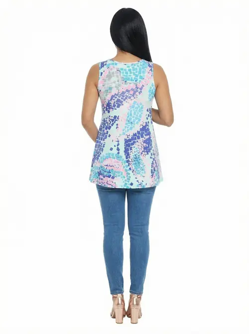 24SEVEN COMFORT APPAREL Maternity Abstract Scoop Neck Tunic Tank Top - Blue Multi