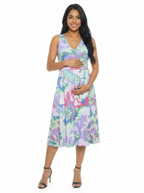 24SEVEN COMFORT APPAREL Maternity Abstract V-neck Pleated Fit & Flare Midi Dress - Lilac Multi