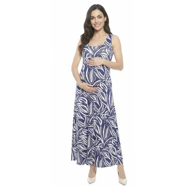24SEVEN COMFORT APPAREL Maternity Abstract Sleeveless Scoop Neck A-line Pocket Maxi Dress - Navy Multi