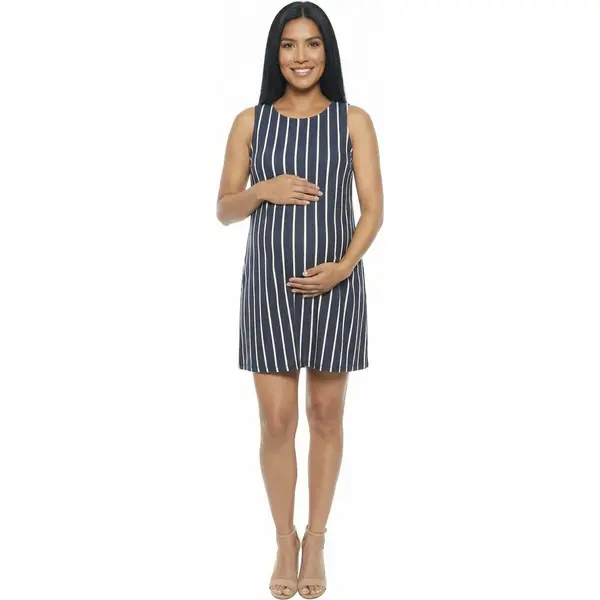 24SEVEN COMFORT APPAREL Maternity Striped Mini Shift Dress - Navy Multi