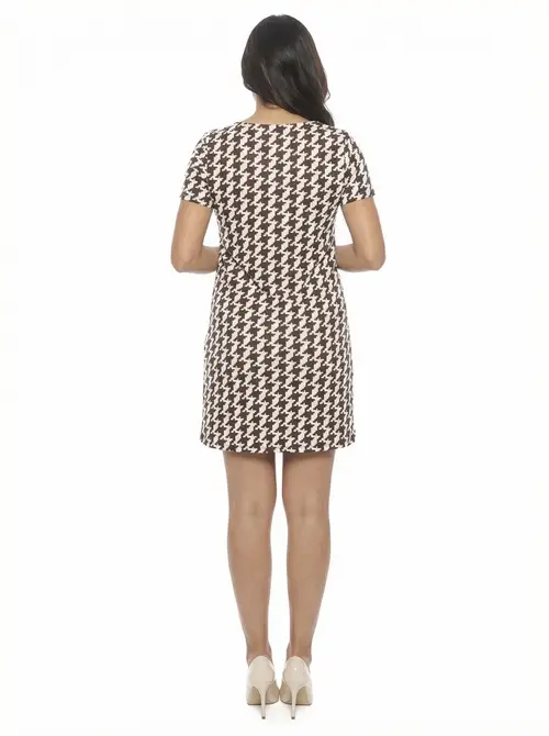 24SEVEN COMFORT APPAREL Maternity Geometric Print Mini Shift Dress - Brown Multi