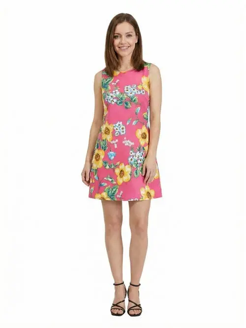 24SEVEN COMFORT APPAREL Essential Petite Floral Mini Shift Dress - Pink Multi