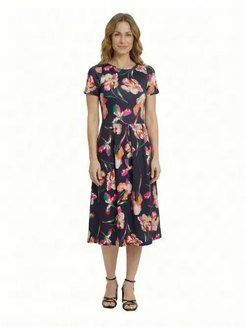 24SEVEN COMFORT APPAREL Petite Floral Print Fit And Flare Midi Dress - Navy Multi