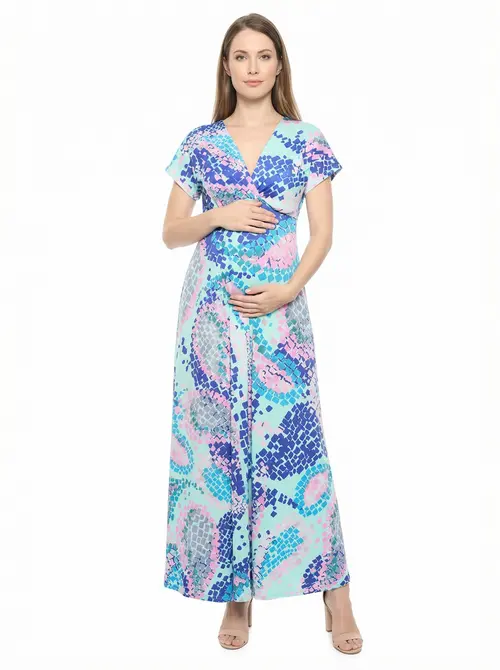 24SEVEN COMFORT APPAREL Maternity Abstract V-neck Empire Waist Maxi Dress - Blue Multi