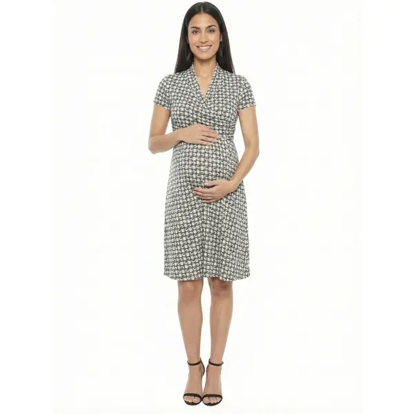 24SEVEN COMFORT APPAREL Maternity Geometric Print Faux Wrap A-line Dress - Black Multi