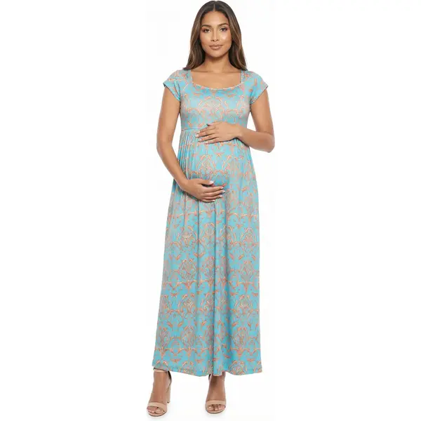 24SEVEN COMFORT APPAREL Maternity Abstract Print Maxi Dress - Blue Multi