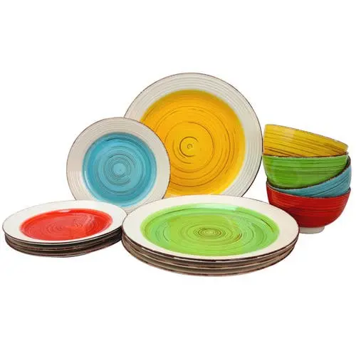 GIBSON HOME Confetti Band 12 Piece Mix And Match Ceramic Dinnerware Set - Assorted