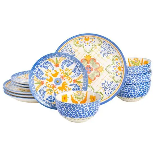 LAURIE GATES Tierra Tile 12 Piece Round Stoneware Dinnerware Set