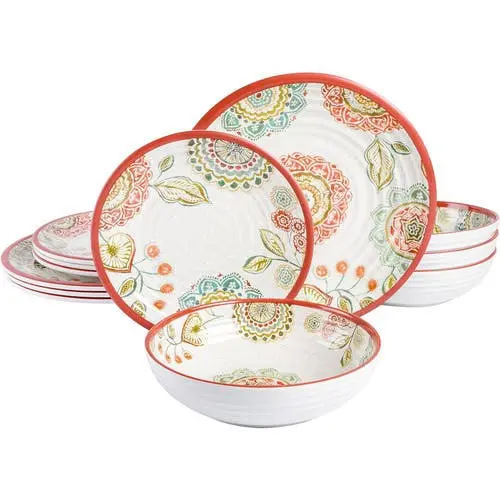 LAURIE GATES Brick Floral Ripple 12pc Melamine Dinnerware Set - Red
