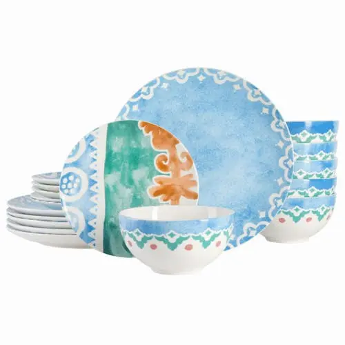SPICE BY TIA MOWRY Savory Saffron 18 Piece Round Fine Ceramic Dinnerware Set - Golden Blue