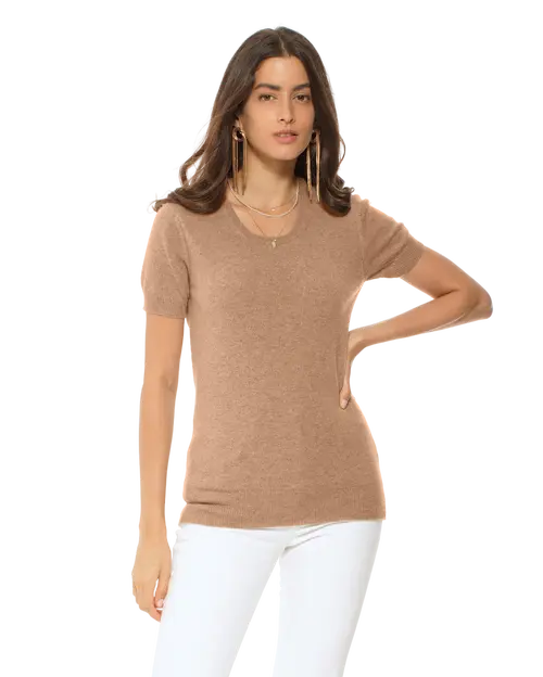 MONTICELLI CASHMERE Pure Cashmere Featherlight Knit Tee - Camel