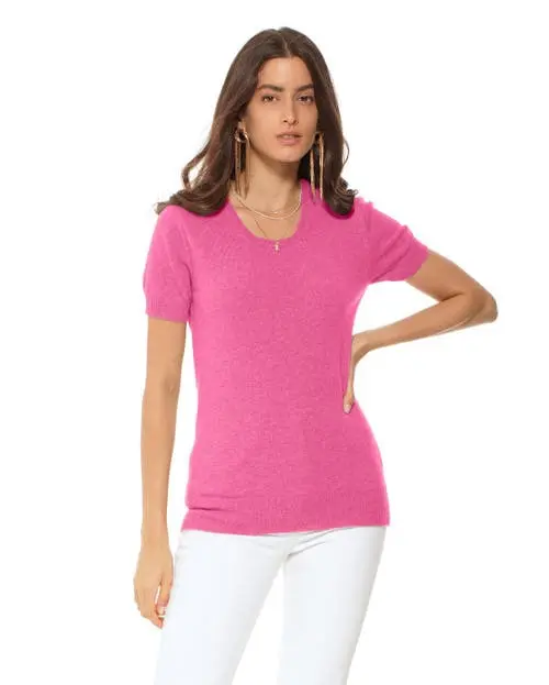 MONTICELLI CASHMERE Pure Cashmere Featherlight Knit Tee - Fuchsia