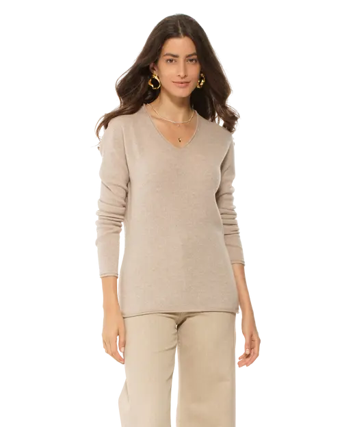MONTICELLI CASHMERE Ultra-light Pure Cashmere V-neck Sweater - Beige