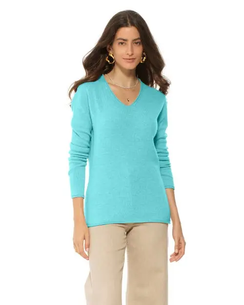 MONTICELLI CASHMERE Ultra-light Pure Cashmere V-neck Sweater - Cyan