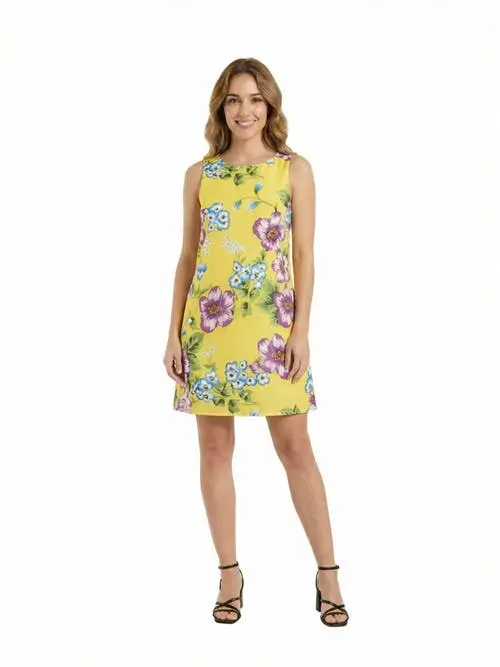 24SEVEN COMFORT APPAREL Essential Petite Floral A-line Mini Shift Dress - Yellow Multi