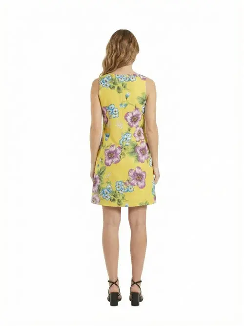 24SEVEN COMFORT APPAREL Essential Petite Floral A-line Mini Shift Dress - Yellow Multi