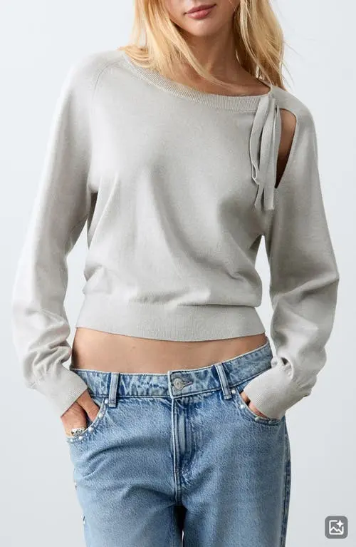 Mango Tie Neck Cotton Sweater - Medium Heather Grey